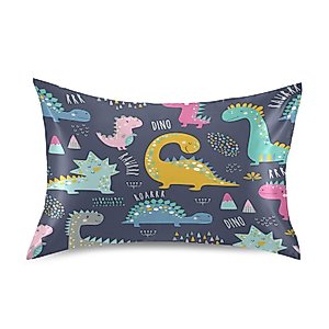 KEEPREAL Cute Funny Kids Dinosaurs Satin Pillowcase for Hair and Skin Silk Pillowcase - Slip Cooling Satin Pillow Covers with Envelope Closure, Standard Size(20x26 inches)