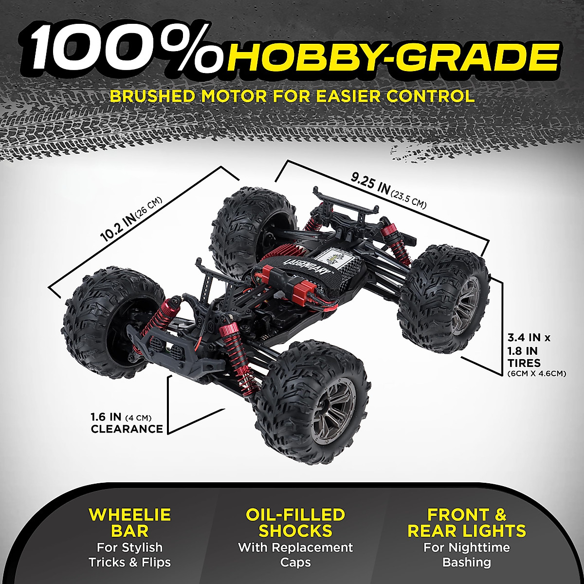 LAEGENDARY 1:16 Scale 4x4 Off-Road RC Truck - Hobby Grade Brushed Motor RC Car with 2 Batteries, Waterproof Fast Remote Control Car for Adults