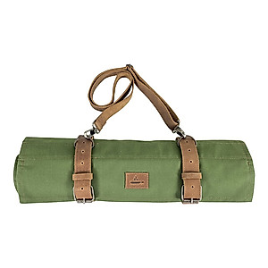 Cast Leather Co., Knife Roll Bag with Detachable Shoulder Strap, Portable Storage for Specialty Knives with 10 Pockets, Protect Sharp Cooking Items, Water Resistant Canvas, Olive