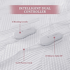 Heated Mattress Pad Queen Size, Dual Control Electric Mattress Pad, 60" x 80", Fast Heating Bed Warmer with 4 Heating Levels & 10 Hour Auto Off, Fit Up to 17" Deep Pocket, Machine Washable