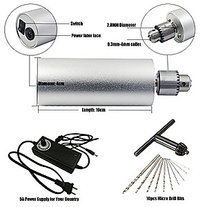 Yakamoz 0.3mm - 4mm Adjustable Micro Mini Electric Hand Drill Aluminum Portable Handheld Drill for DIY PCB with 5A DC5V-12V Power Supply Control | 10pcs Micro Drill Bits Included