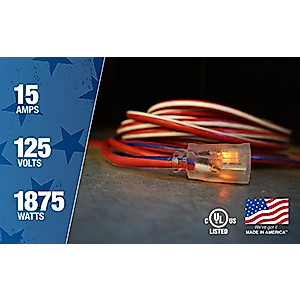 Southwire 2549SWUSA1 100-Feet; Contractor Grade; 12/3 Extension Cord; With Lighted End; Red White And Blue; American Made Extension Cord; Indoor and Outdoor Use; Water Resistant Flexible Jacket