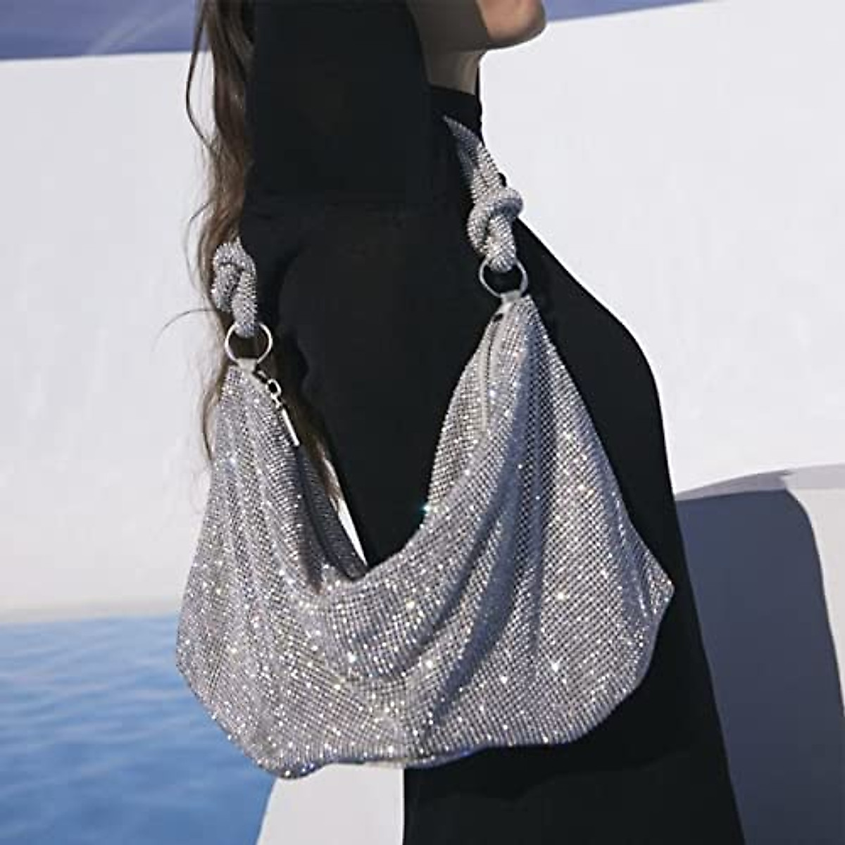 Fonzci Rhinestone Purses for Women, Silver Crystal Evening Bags Shiny Hobo Bag for Evening Party Club Bling Wedding Travel Proms Gifts Purse Shoulder Bag