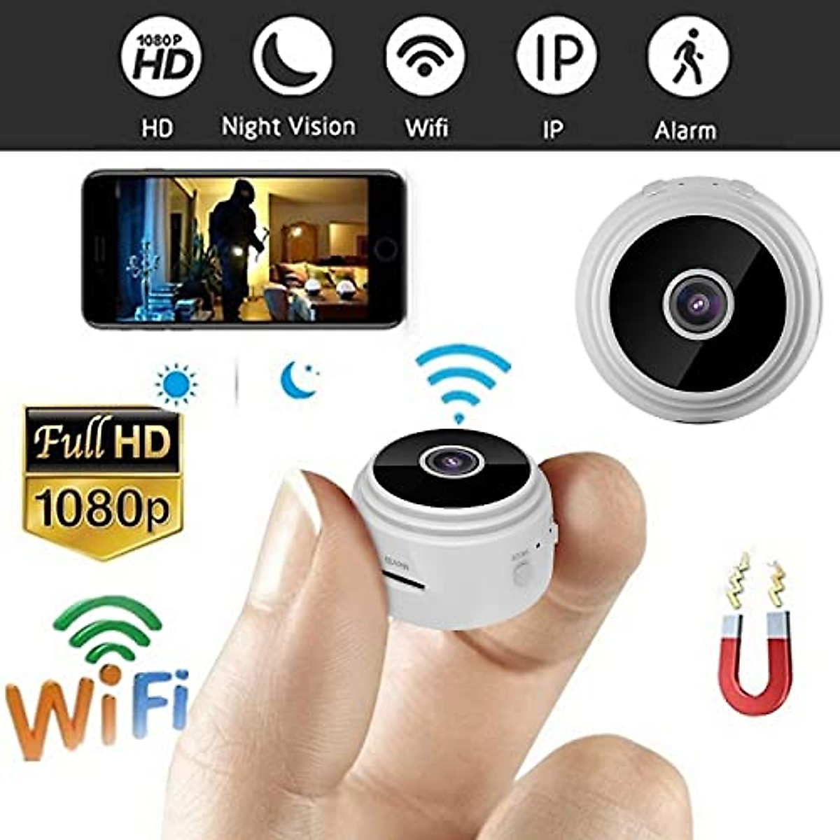 Zone Flex Camera, Wireless Wifi Motion Detects Magnetic Camera, Monitor Detection Tiny Cameras for Indoor/outdoor, Mini 1080p Wireless Magnetic Security Camera, Car Cameras for Surveillance (White)