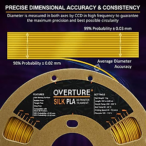 OVERTURE Silk Filament PLA 1.75mm Clog-Free Shiny 3D Printer Filament, 1kg Spool (2.2lbs), Dimensional Accuracy +/- 0.03 mm, Fit Most FDM Printer(Silk Gold)