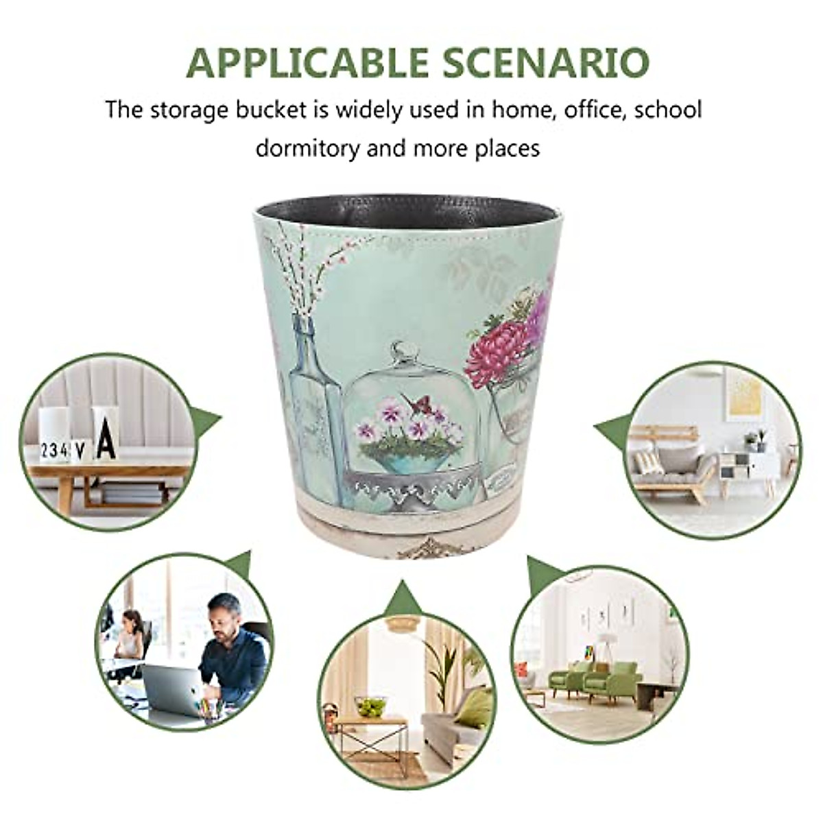 Zerodeko Small Trash Can, 10L/2.64 Gallon PU Leather Wastebasket Retro Decorative Waste Bin with Flower Patterned, Garbage Container for Bathroom, Bedroom, Kitchen, Home, Office