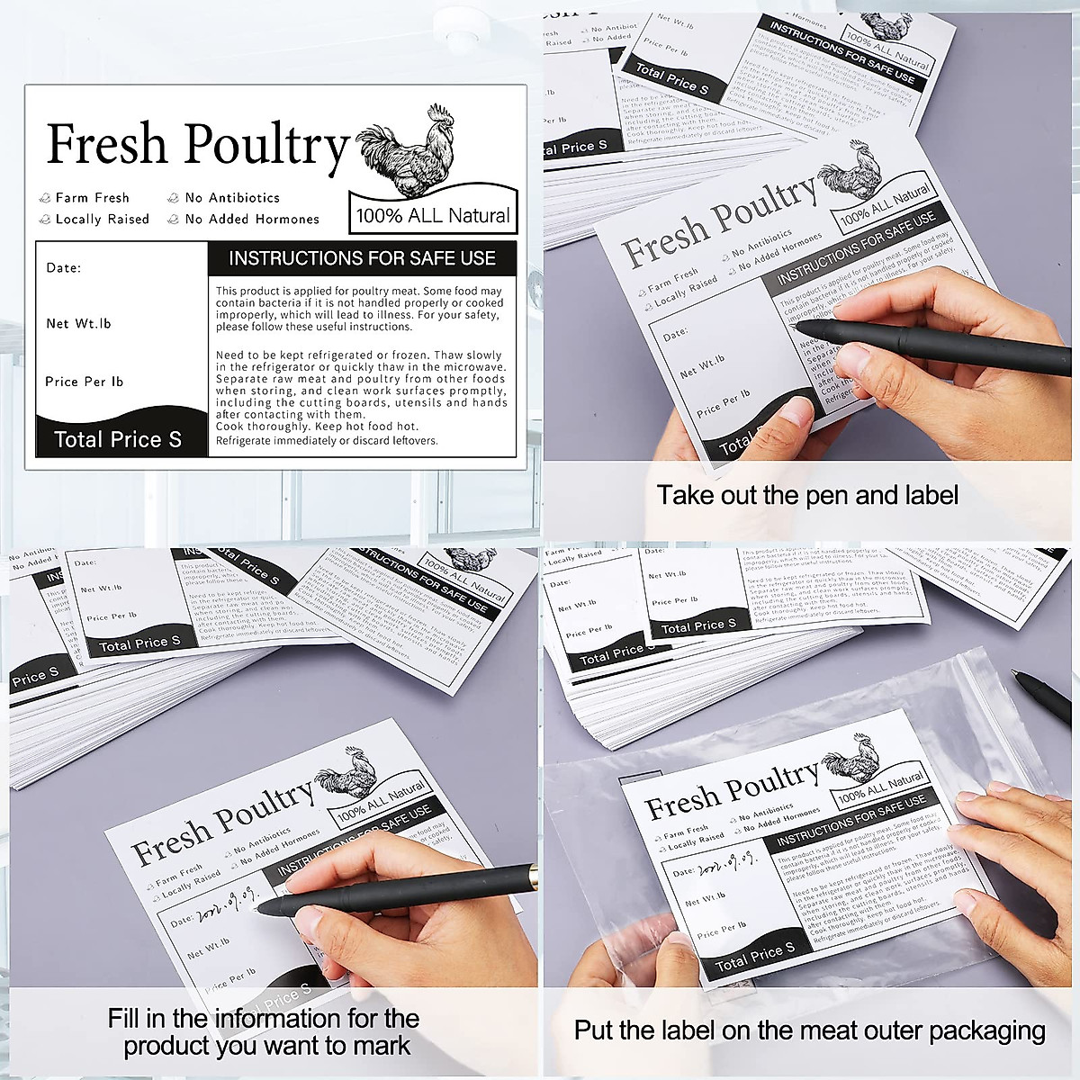 100 Pcs Poultry Freezer Labels 6 x 5 Inch with Safe Handling Instructions Self Stick Turkey Freezer Labels Thanksgiving Day Party Supply