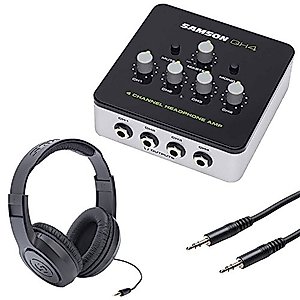 Samson QH4 4-Channel Studio Headphone Amplifier + Stereo Headphones + Stereo Interconnect Cable, 10 feet - Top Value Amplifier Bundle