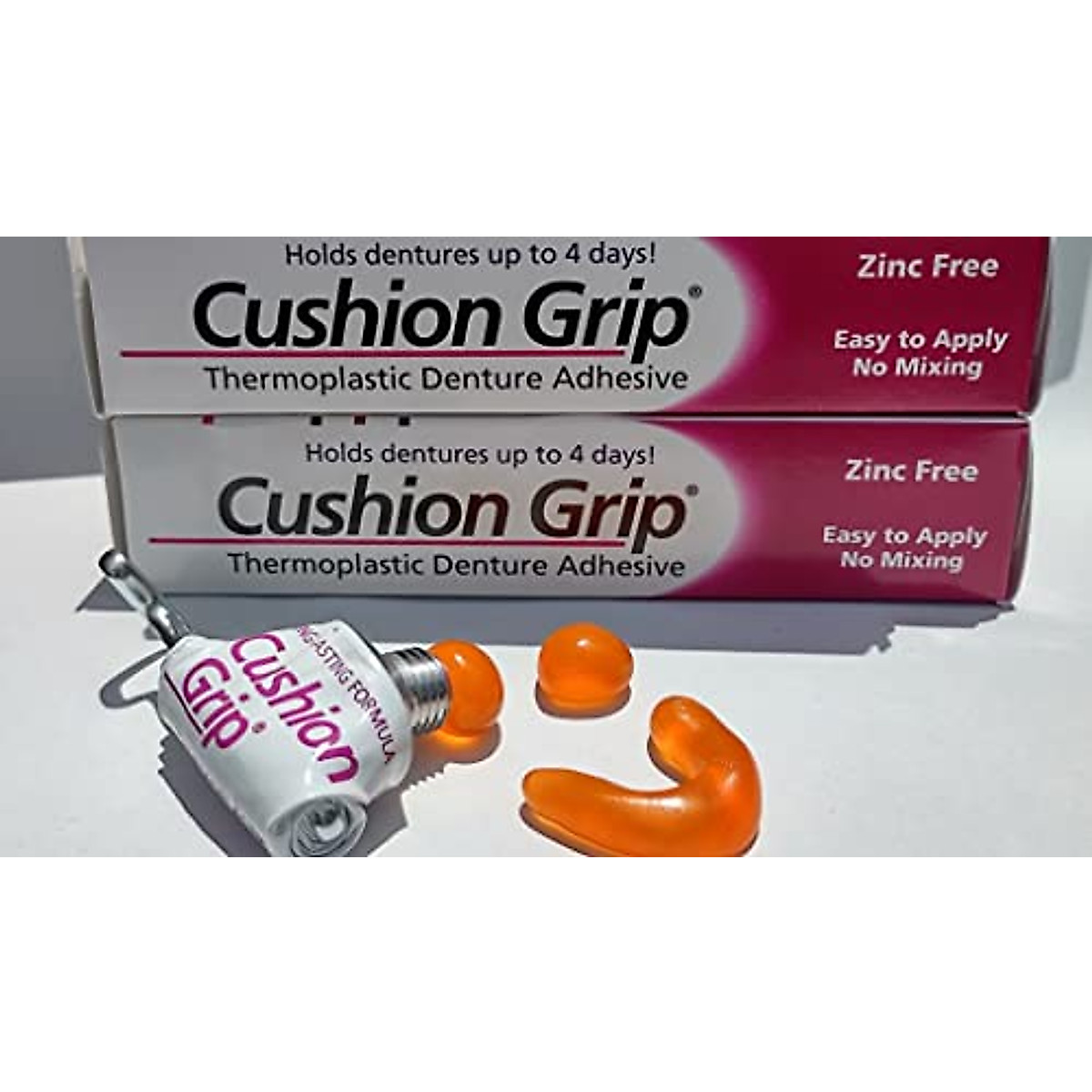 Cushion Grip Thermoplastic Denture Adhesive, 1 oz (Pack of 2) - Refit and Tighten Loose and Uncomfortable Denture [Not A Glue Adhesive, Acts Like A Soft Reline for Denture]