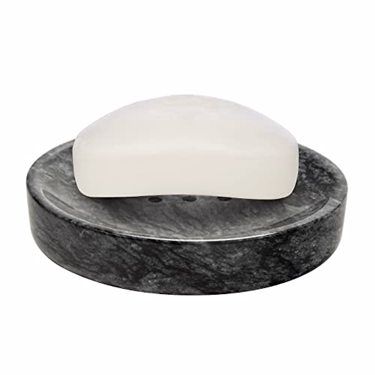 Tahit Round Genuine Marble Soap Dish, Real Stone Facial Sponge Tray with Drain, Natural Stone Soap Dishes Holder for Bathroom Shower Kitchen Sink (Black)