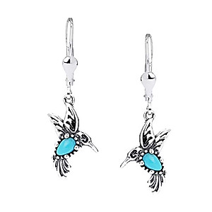 American West Jewelry Sterling Silver Women's Drop & Dangle Earrings Blue Turquoise Gemstone Hummingbird Design