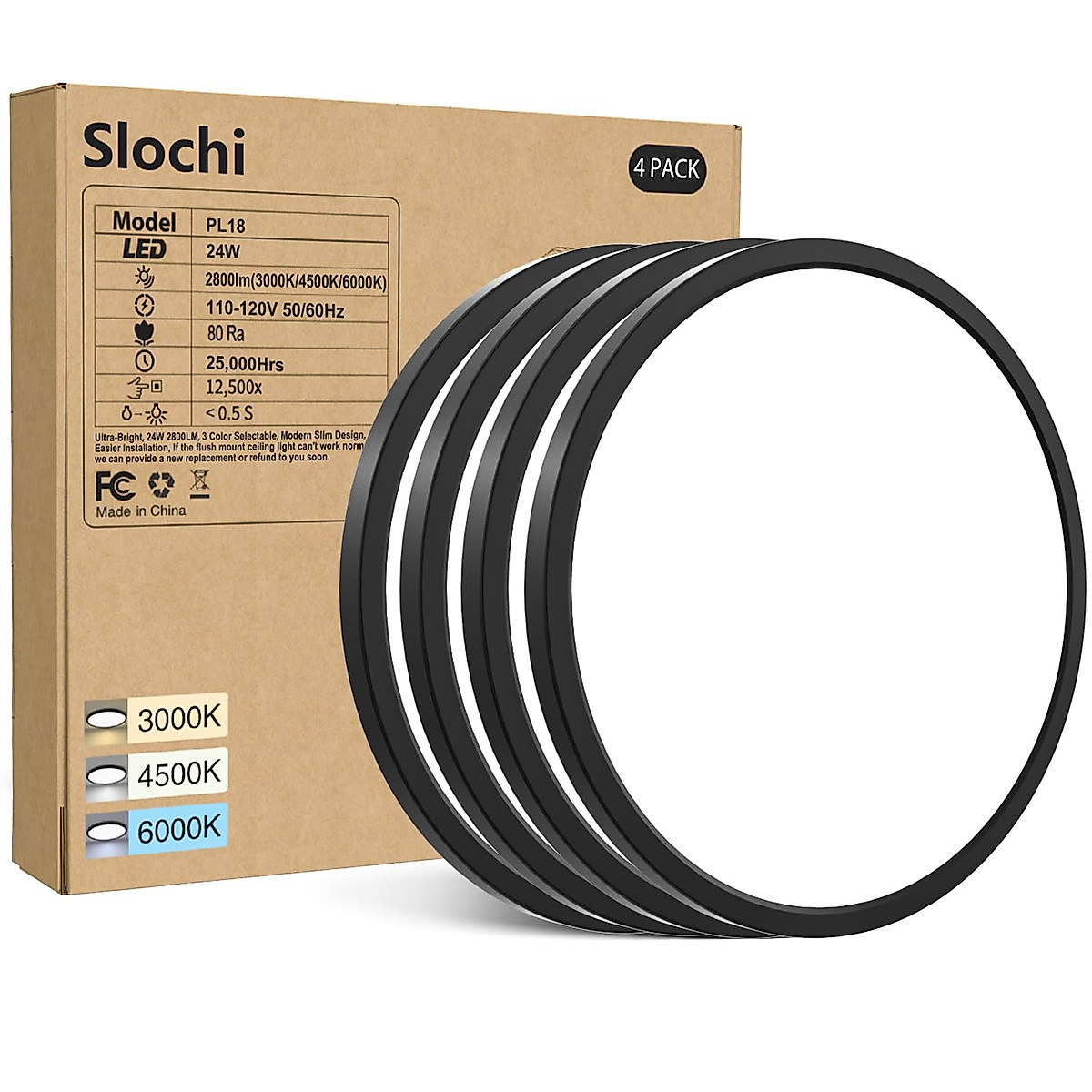 4PACK LED Flush Mount Ceiling Light Fixture Black, 9Inch 24Watt, 3000k/4500k/6000K LED Ceiling Light, Ultra Slim Flush Mount LED Ceiling Lamp for Bedroom, Living Room, Kitchen, Hallway,NOT-DIMMABLE