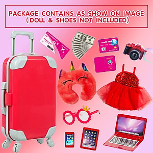XFEYUE 18 inch Doll Clothes and Accessories - Suitcase Travel Luggage Play Set, Including Doll Clothes, Sunglasses, Camera, Computer, Mobile Phone, Unicorn Pillow Fit 18 inch Girl Doll