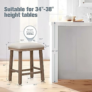 Erste!Bravo White Solid Wood Bar Stools Set of 2 for Kitchen Counter Counter Height Coastal Barstools with Faux Leather Farmhouse Upholstered Stools for 34"-38" Island, Creamy White Cushion, Wood Legs