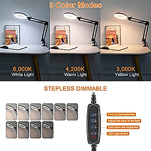 Magnifying Glass with Light and Stand, 3 Color Modes Stepless Dimmable, 5-Diopter Glass Lens, Adjustable Swivel Arm, LED Magnifier Desk Lamp for Close Work, Repair, Crafts, Painting Miniatures (16")