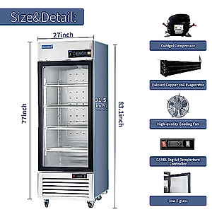ICECASA 27" W Commercial Display Refrigerator Single Glass Door Merchandiser Reach-in 23 Cu.ft Stainless Steel Display Refrigerator Fan Cooling for Restuarant, Bar, Shop, etc