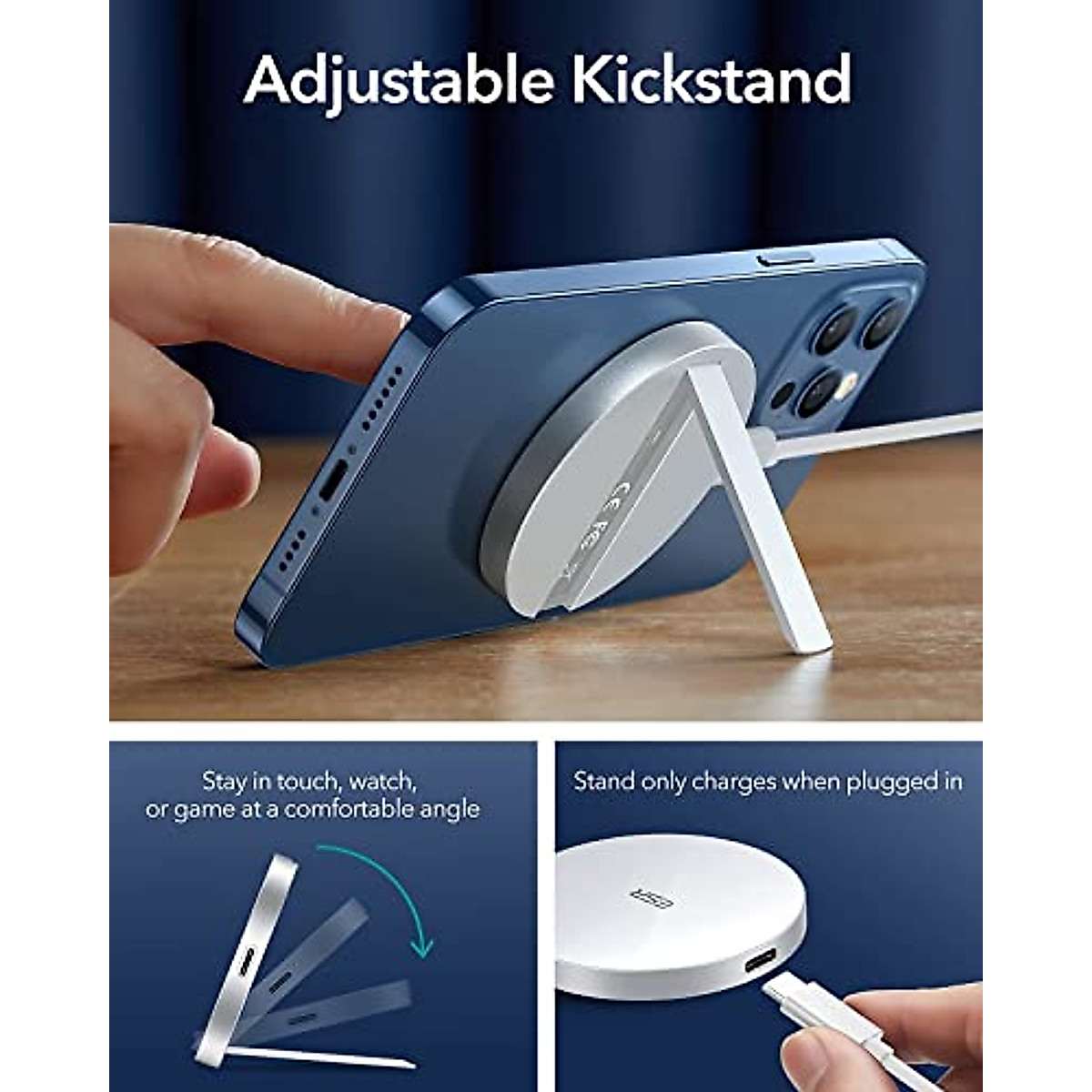 ESR HaloLock Kickstand Wireless Charger, MagSafe-Compatible Charger for iPhone 14/14 Plus/14 Pro/14 Pro Max and iPhone 13/12 Series, with 5 ft USB-C Removable Cable and 20W USB-C PD Adapter, White