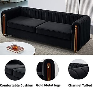 Melpomene Vertical Channel Tufted Velvet Sofa with Round Arm and Gold Metal Legs,Armrest 84.25" W（Black）