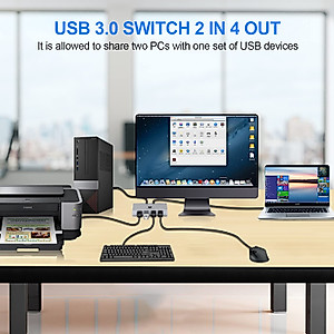 USB 3.0 Switch, AVMTON USB Switcher Selector 2 Computers Share 4 USB 3.0 Devices KVM Switcher Box for PC, Printer, Keyboard, Scanner, Mouse, One Button Control Metal Switch Adapter, 2 USB Cables
