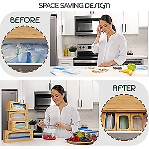 Wolfline Ziplock Bag kitchen drawer organizer, Bamboo plastic bag holder, Premium food storage bag organizer for gallon quart sandwich and snack, Bigger box size for quart slider bags, Silicone grip pad, 4pcs bamboo drawer organizer