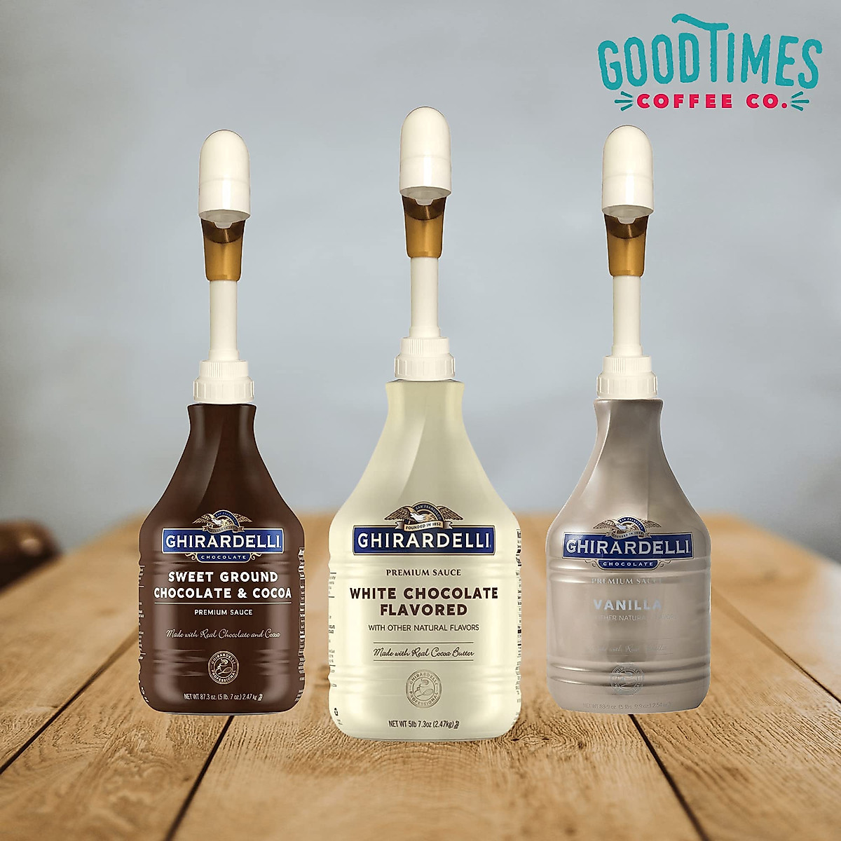 Good Times Coffee Co. Sauce Pump Dispenser for Ghirardelli Bottles, Fits 87.3 to 90.4 Ounce Bottles