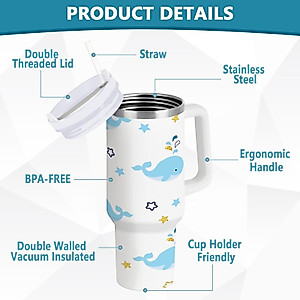 Burbuja Cute Blue Whales 40oz Insulated Tumblers with Handle and Straw Lid, Double Wall Stainless Steel Travel Mug Leak-Proof, BPA Free, Gift for Mom Dad