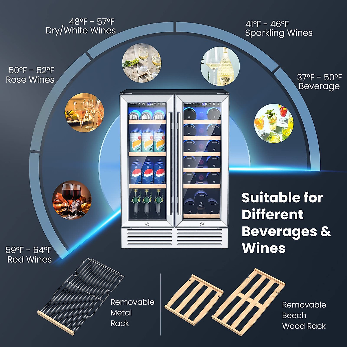 COSTWAY 24 Inch Wine and Beverage Refrigerator, Dual Zone 19 Bottles and 57 Cans Wine Cooler, Under Counter Wine Fridge with Lock, Built-In Freestanding Beverage Fridge for Beer Soda Drink