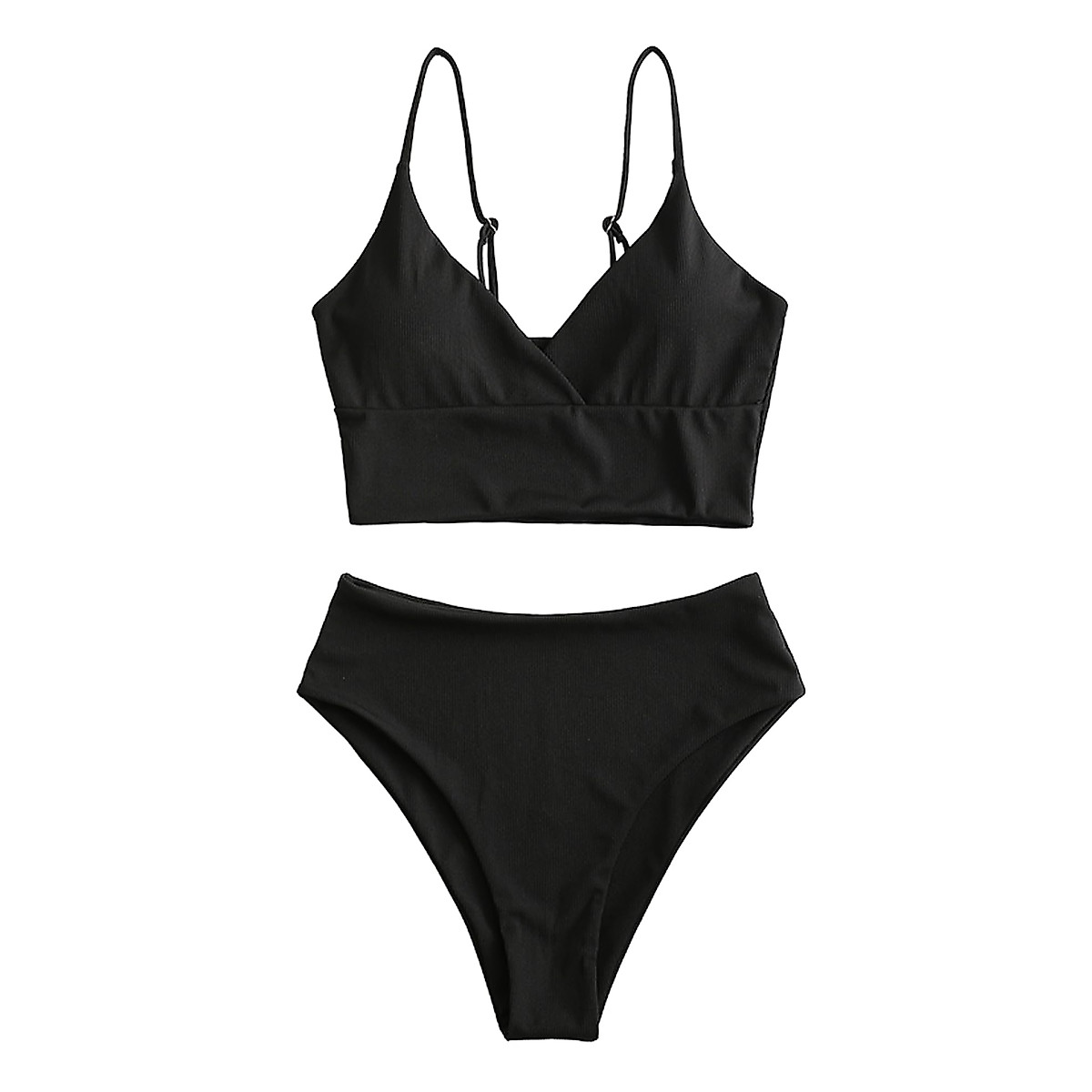 ZAFUL Women Tankini Set, Ribbed High Cut Surplice Swimsuit Bathing Suit with Spaghetti Straps (0-Black-Surplice,S)