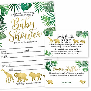 25 Safari Baby Shower Invitations, 25 Books For Baby Shower Request Cards, 25 Baby Shower Diaper Raffle Tickets For Baby Shower Games To Play, Cute Jungle Animal Write in Diaper Raffle Cards