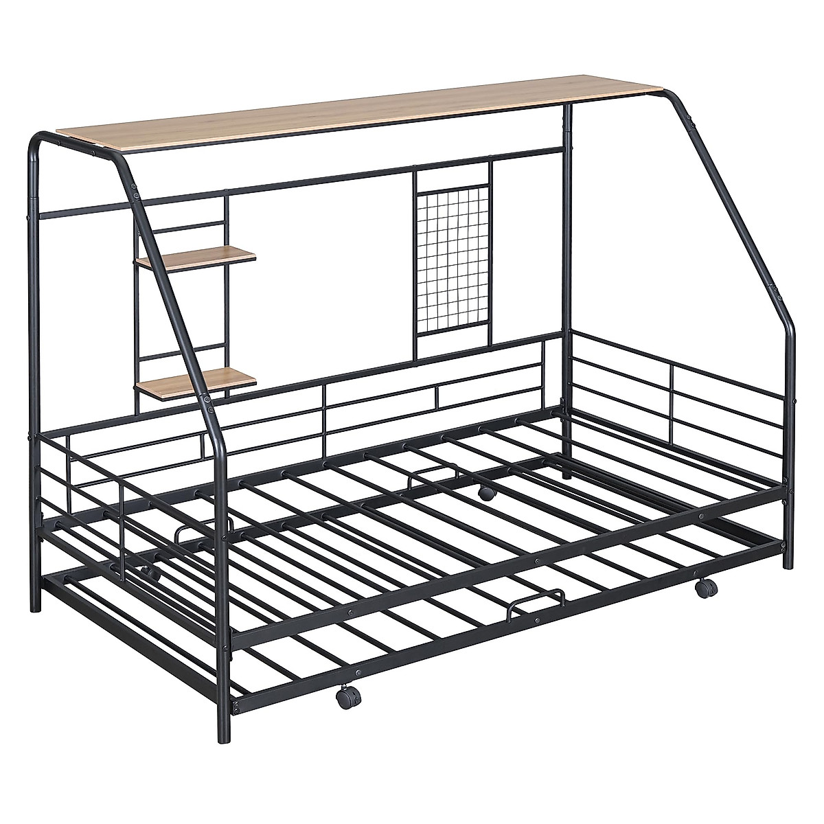 RUNNA Metal House Bed with Trundle, Built-in Shelf and Grid, Heavy Duty Metal Day Bed with Guardrail for Kids Boys Girls (Black, Twin)