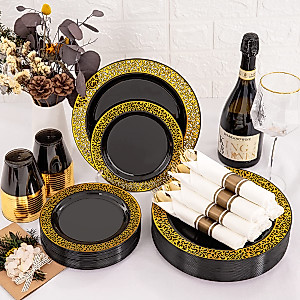 NOCCUR 210pcs Black and Gold Plates - Black Gold Plates and Napkins Party Supplies Include 30 Dinner Plates, 30 Dessert Plates, 30 Prerolled Plastic Cutlery and 30 Cups - Ideal for Party&New Year