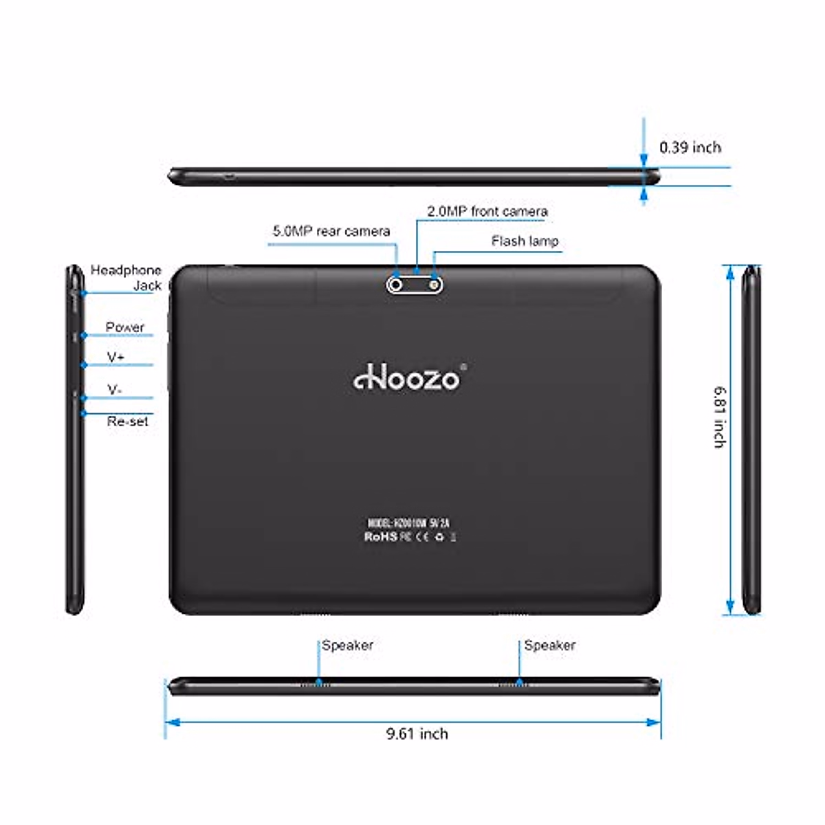 Hoozo Android Tablet 10 Inch, WiFi Tablet with 32GB Storage, 8MP Camera, 6000mAH Battery, WiFi, Bluetooth, HD IPS Screen Tabletas PC - Black