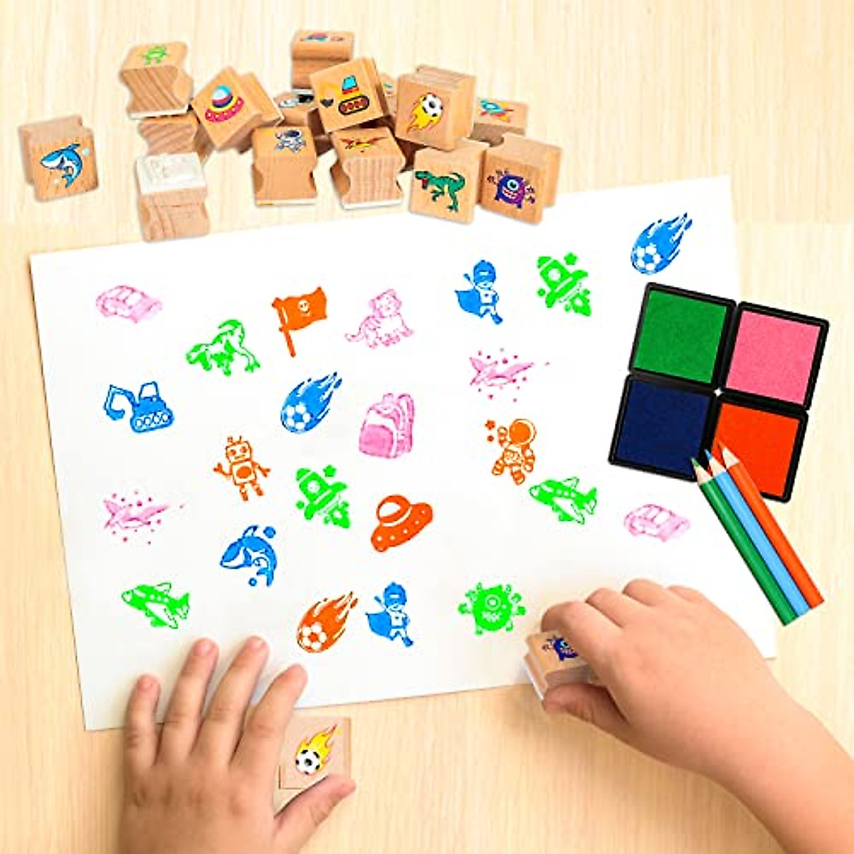 Zayvor Kids Stamps Set, Boy Wooden Rubber Stamp with Ink Pad Colored Pencil, Holiday Square Craft Stamp for Stamping Scrapbooking Crafting Booking Card Making Stocking Filler,Party Favor Gift