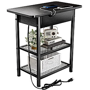 Mr IRONSTONE End Table with Charging Station, Flip Top, 2 Power Outlets & 2 USB Ports, Storage Shelf, Narrow Nightstand, Small Side Table for Living Room, Bedroom, Black