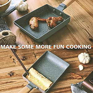Tamagoyaki Pan Square Japanese Omelette Pan,Non-stick Egg Roll Pan,Rectangle Frying Pan Wood Handle,with Silicone Brush & Solid Wood Spetula,Grey