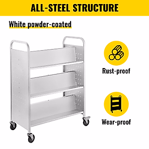 VEVOR Book Cart, Library Cart 6-Shelf, Rolling Library Book Cart Double Sided W-Shaped Sloped Shelves with 4-Inch Lockable Wheels, for Home Shelves Office and School Book Truck in White