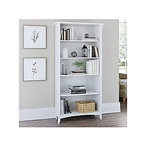 Bush Furniture Salinas Tall 5 Shelf Bookcase in Pure White and Shiplap Gray | Distressed Style Book Case | Bookshelf for Bedroom, Living Room & Pantry | Tall Bookcase | Book Shelf for Bedroom