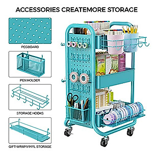 DESIGNA 3-Tier Utility Storage Rolling Cart with Removable Pegboard & Extra Storage Baskets Hooks, Metal Craft Art Carts for Gift Home Office, Teal