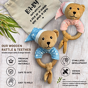 Baby Wooden Rattle Teething Ring, Baby Rattles 0-6 Months, Baby Montessori Newborn Toys, Stuffed Animal Gift for Baby Boy, Baby Teddy Bear (Blue)
