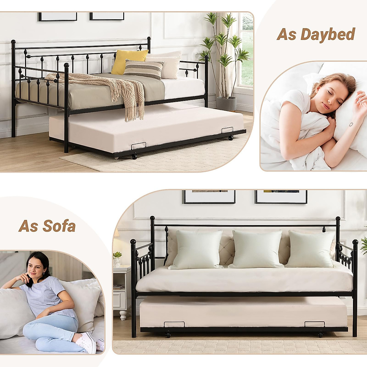 Zevemomo Twin Metal Daybed with Trundle, Black Twin Size Metal Sofa Bed Daybed with Pull Out Trundle Bed for Bedroom Living Guest Room, Heavy-Duty Day Bed No Box Spring Needed, Easy Assembly