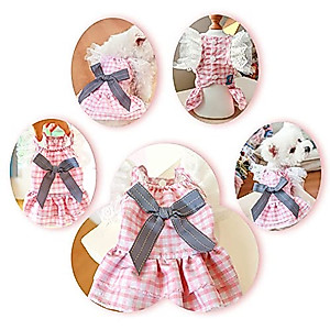 Toysructin Pet Dress Girl with Bow, Sweet Plaid Dog Princess Dresses Comfy Lace Sleeves Dogs Clothes for Spring Summer Autumn, Cute Cat Dog Skirt Thin Puppy Skirts Apparel for Small Medium Large Pets