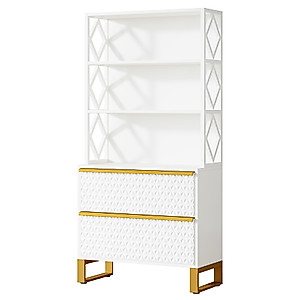 Tribesigns 4-Tier Bookshelf with 2 Drawers, 71" Tall White and Gold Bookshelf with Open Shelves & Drawer, Modern Bookcase Display Book Shelf Organizer for Bedroom, Living Room, Home Office