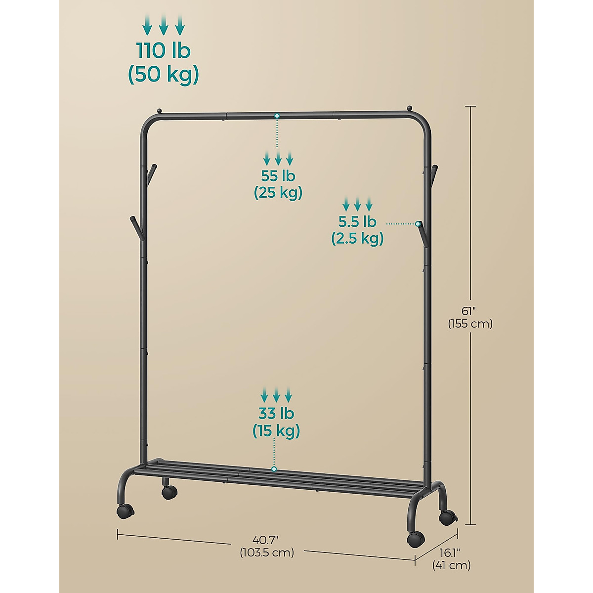 SONGMICS Clothes Rack, Clothing Rack for Hanging Clothes with Wheels, Heavy Duty Garment Rack, Metal Frame, 110 lb Max. Total Load, 40.7 Inches Wide, Clothes Storage and Display, Black UHSR131B01