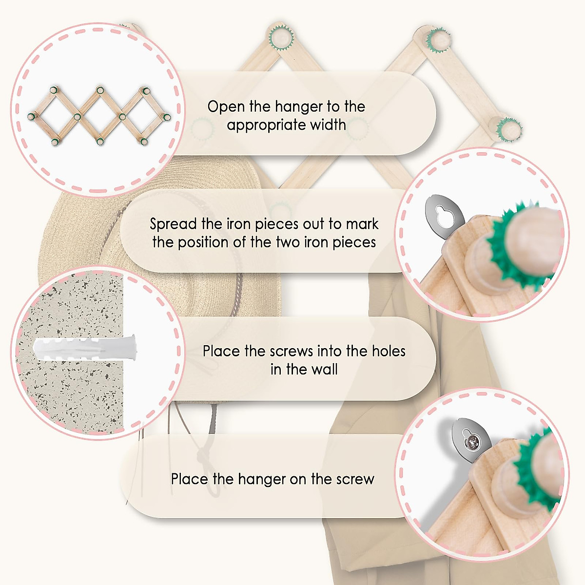 Wooden Expandable Accordion Wall Hanger,2 Pack Including 20 Peg Hooks,Perfectly Hook for Coats, Mugs,Coffee, Coat,Keys, Hat Rack,X Shap,Make Living Room Decorative and Neat,Rustic Style (White)