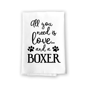 Honey Dew Gifts, All You Need is Love and A Boxer, Flour Sack Towels, Funny Kitchen Towels, Home Decor, Dog Mom Gifts, Dog Themed Bathroom Accessories, 27 x 27 Inch, Made in USA