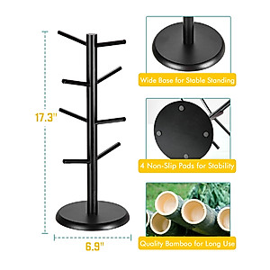 Lorbro Coffee Mug Tree with 8 Hooks, Mug Tree Stand, Bamboo Coffee Cup Holder, Countertop Mug Tree, Mug Stand Kitchen Organizer, Cafe Accessories Decor & Kitchen Organizer Storage Stand (Black)