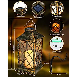 Fuairmee Solar Lanterns Outdoor Waterproof, Set of 2 Hanging Lantern with Brackets, 14 inch LED Flickering Flameless Candle Lights, Outdoor Lanterns for Front Porch Pathway Courtyard Party Patio
