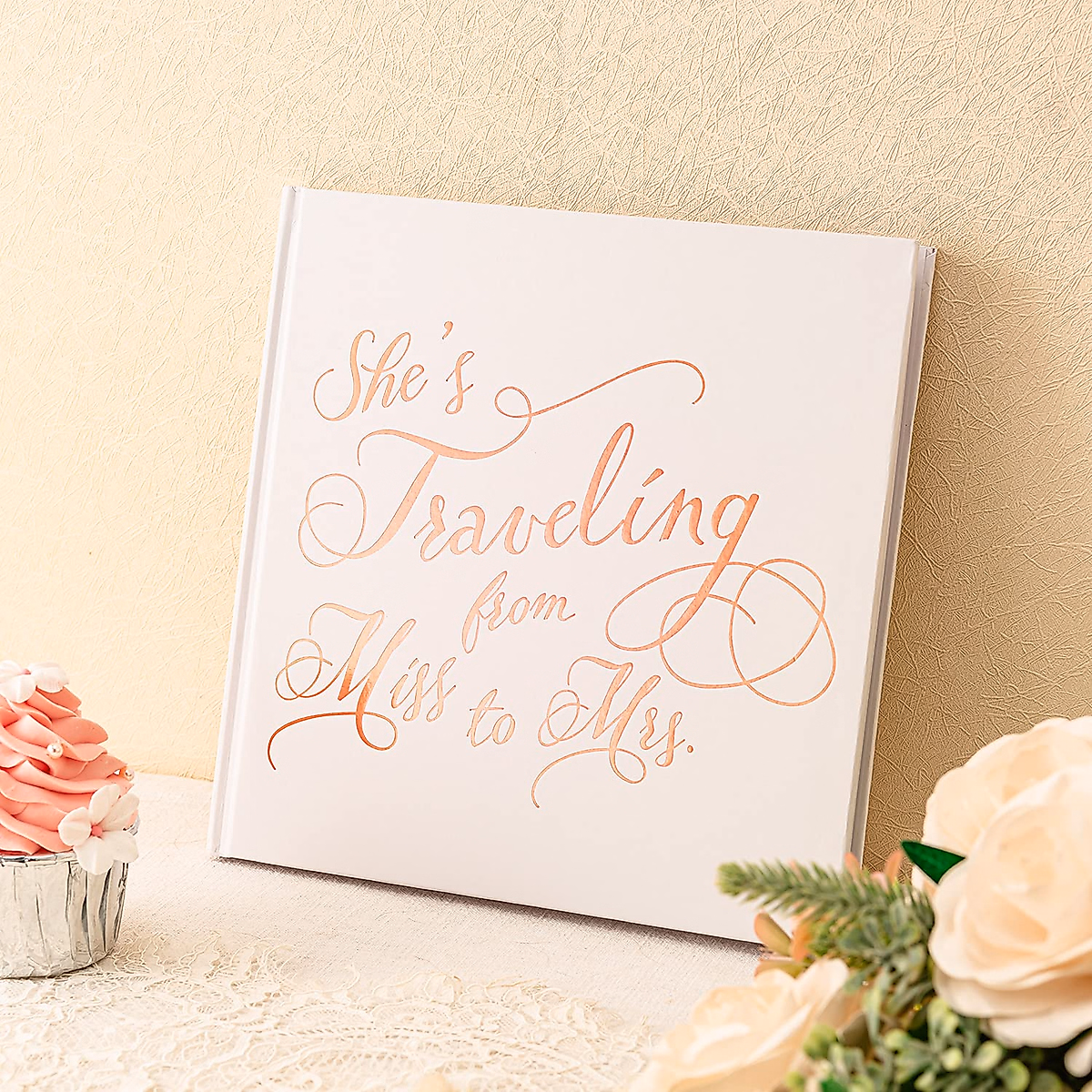 Calculs She's Traveling from Miss to Mrs Polaroid Bridal Shower Guest Book 8.5" Square Bride to Be Scrapbook, White Cover, Rose Gold Foil Stamping, Blank White Pages for Instax