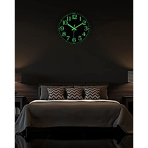 JoFomp Wooden Glow in The Dark Clock, 12 inch Silent Non-Ticking Battery Operated Clock, Energy-Absorbing Luminous Numerals and Hands, Lighted Wall Clock Decoration for Bedroom Living Room