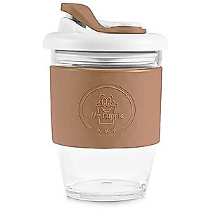 Mr.Cuppie 12 oz Glass Reusable Coffee Cups with Lids, Glass Travel Mugs with Non-slip Sleeve Dishwasher and Microwave Friendly Cup, Glass Tumbler Eco-Friendly Coffee Travel Mug (Mocha)